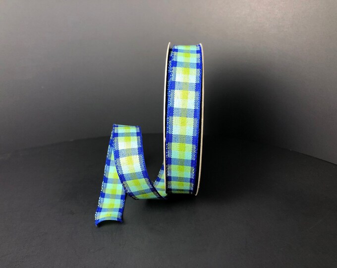 5/8” X 10 Yard Wired, Blue and Green Check Ribbon Roll, 5/8” Multi ...