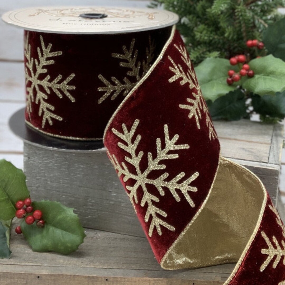 4 X 10yds Wired Ruby Red Velvet With Gold Glitter Snowflakes D.stevens ...