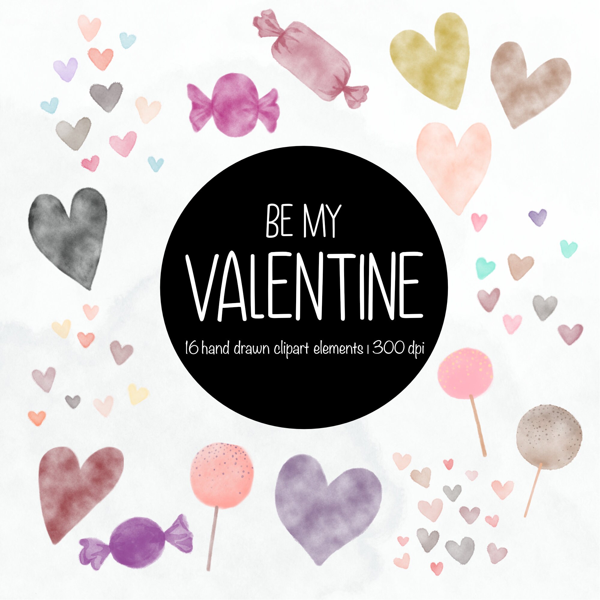Be My Valentine Clipart - Sixteen Hand Drawn Watercolor Clipart of ...