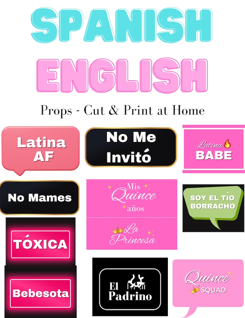 English-spanish Photo Booth Props: Weddings, Quinces, Parties, Bodas ...