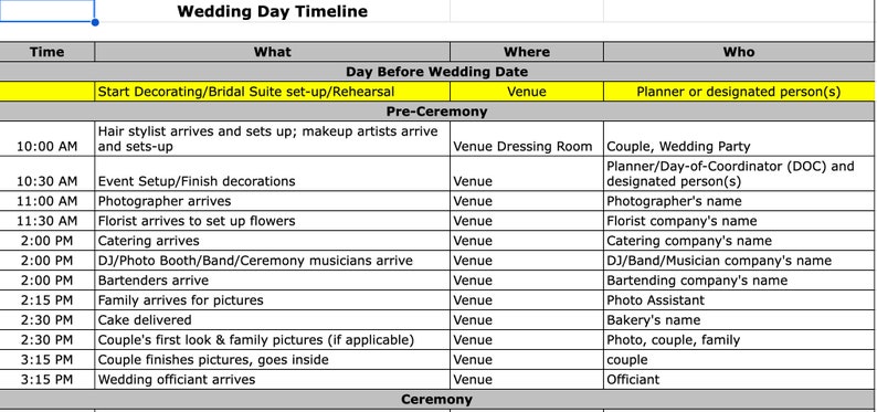 Editable Wedding Ceremony Reception Timeline Template | Wedding Order ...