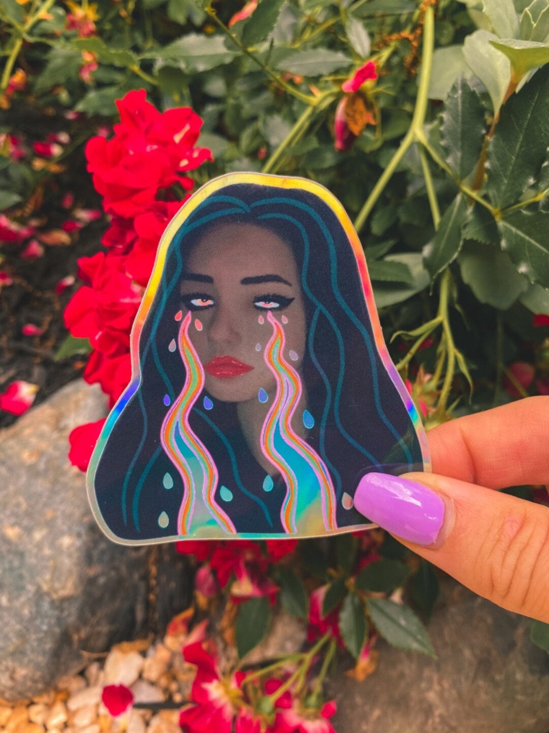 Trippy Tears Holographic Sticker - Crying Girl Sticker - Psychedelic ...