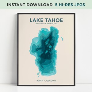 Lake Tahoe Map • Instant Download • Printable Travel Gift • California ...