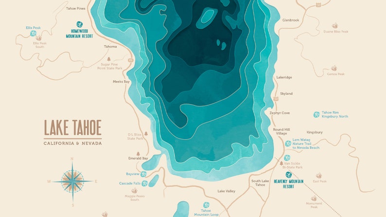 Lake Tahoe Topographic Map Poster Art Print Travel | Etsy