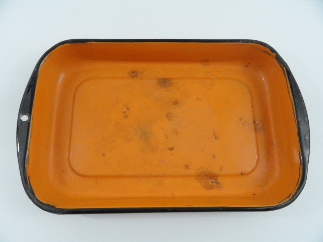Enamel Ware Baking Cake Pan Orange Black Rim Rectangle Vintage Chippy ...