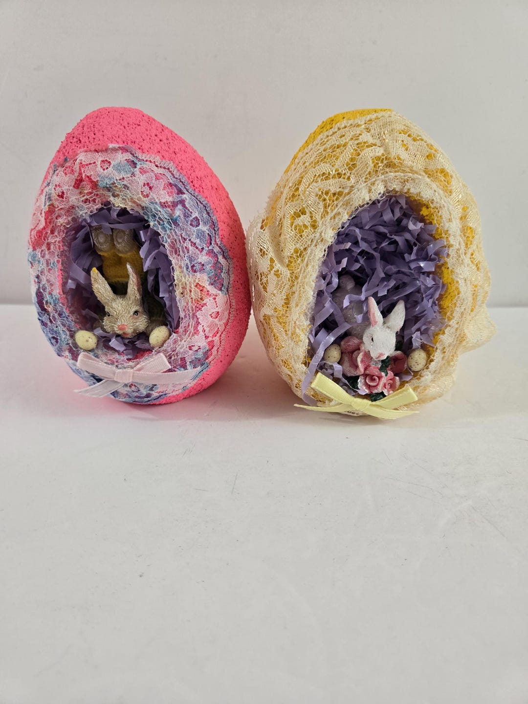2 Vintage Bunny Egg Styrofoam Diorama Easter Lace Decor Pink Yellow 4.5 ...