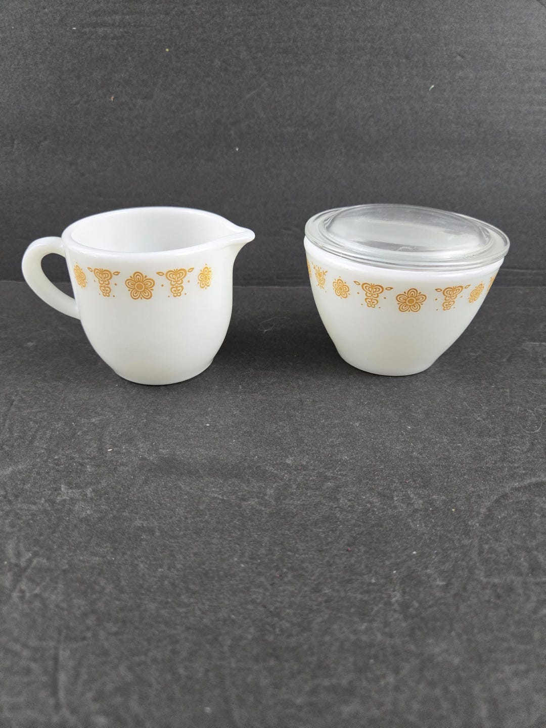 Vintage Pyrex Butterfly Gold Creamer 722 and Covered Sugar Bowl W Lid ...