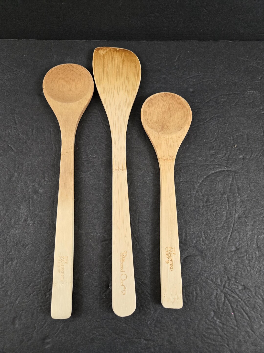 3 Pampered Chef Bamboo Spoons Mixed Sizes Shapes Wood Cooking Set Lot ...