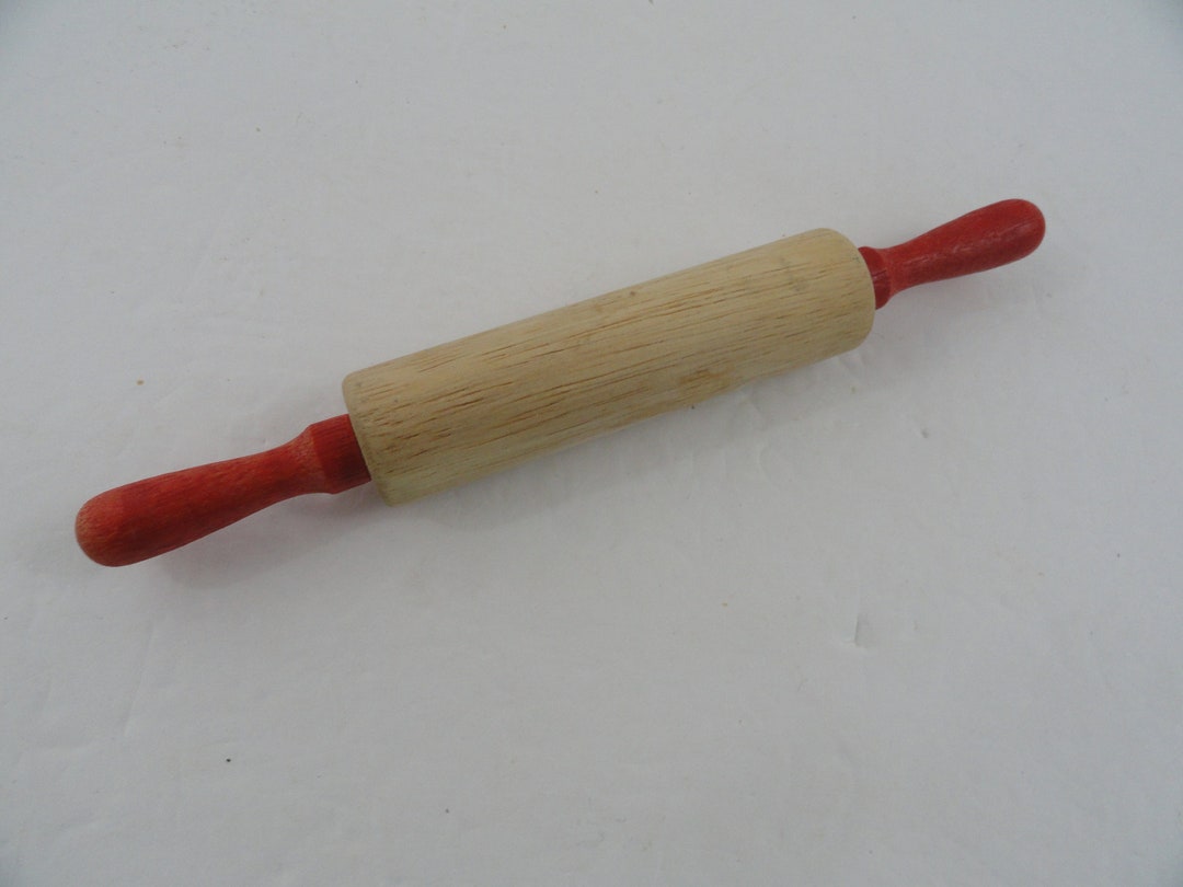 Vintage Red Handle Wooden Childs Rolling Pin Kids Kitchen Toy Miniature ...