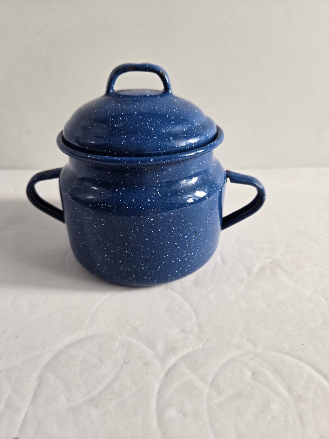 Metal Blue & White Speckled Enamelware Sugar Bowl With Lid Vintage ...