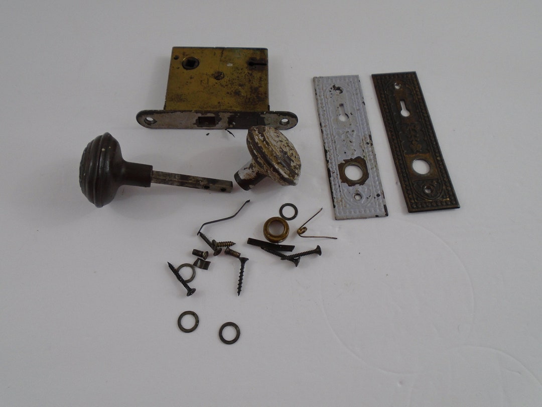 Vintage Door Hardware Skeleton Key Plates Knobs Ornate Etched Rusty ...