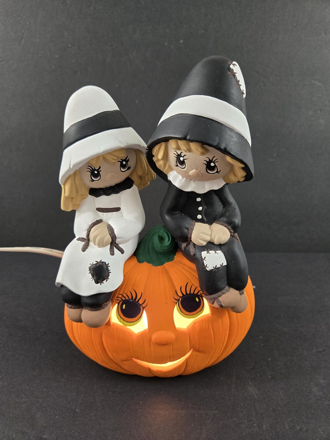 Ceramic Boy Girl Pilgrims Scarecrows Jack O Lantern Light up Halloween ...