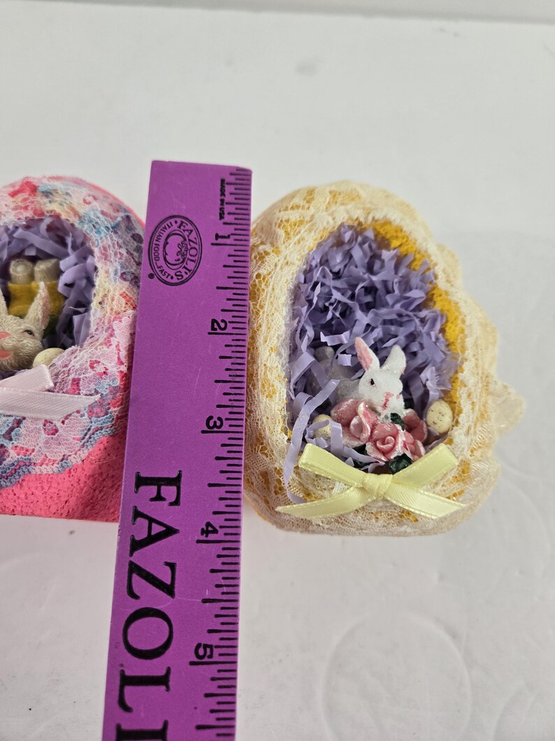 2 Vintage Bunny Egg Styrofoam Diorama Easter Lace Decor Pink Yellow 4.5 ...
