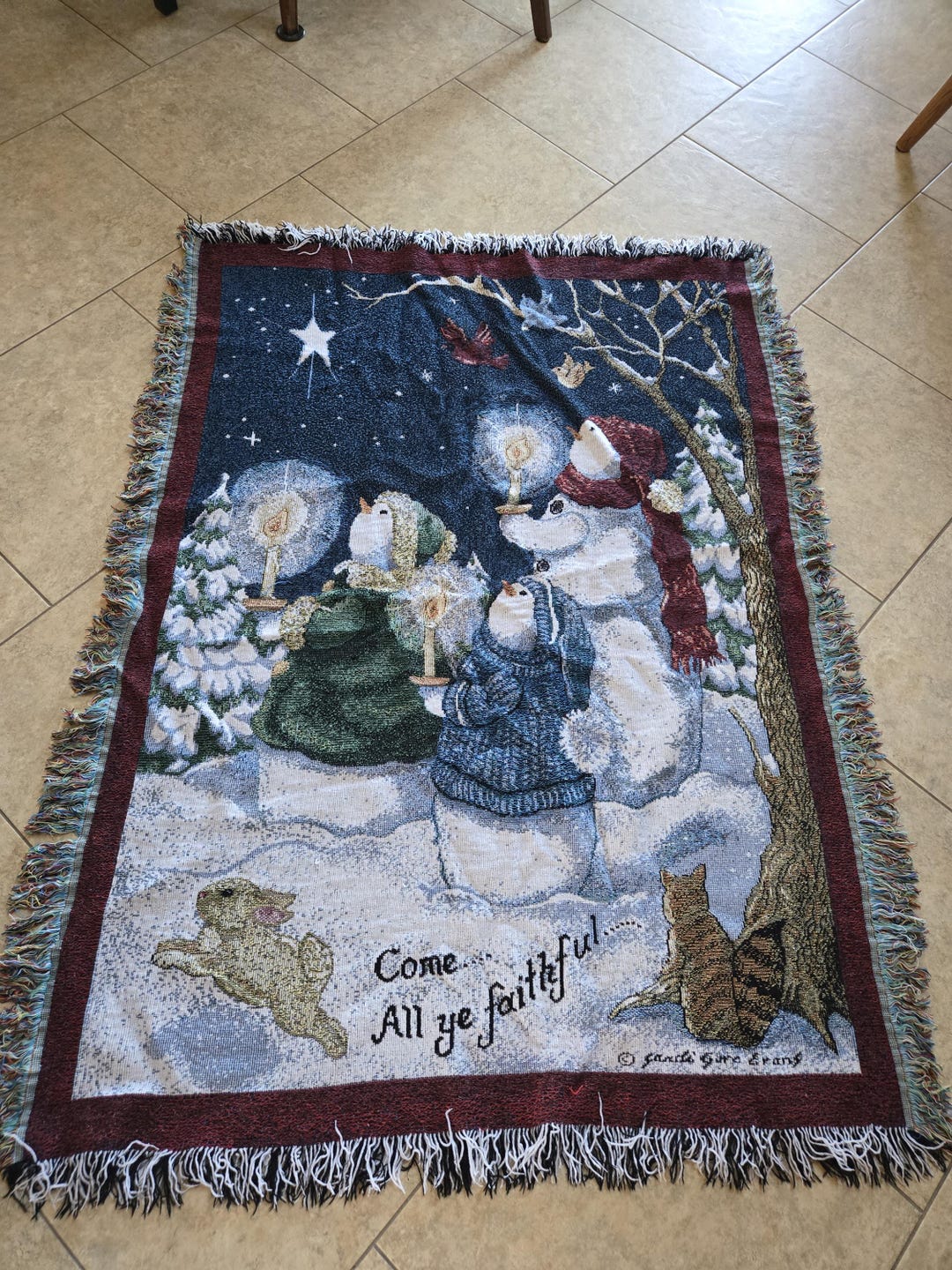 Vintage Come All Ye Faithful Snowman Tapestry Throw Blanket Wall Decor ...