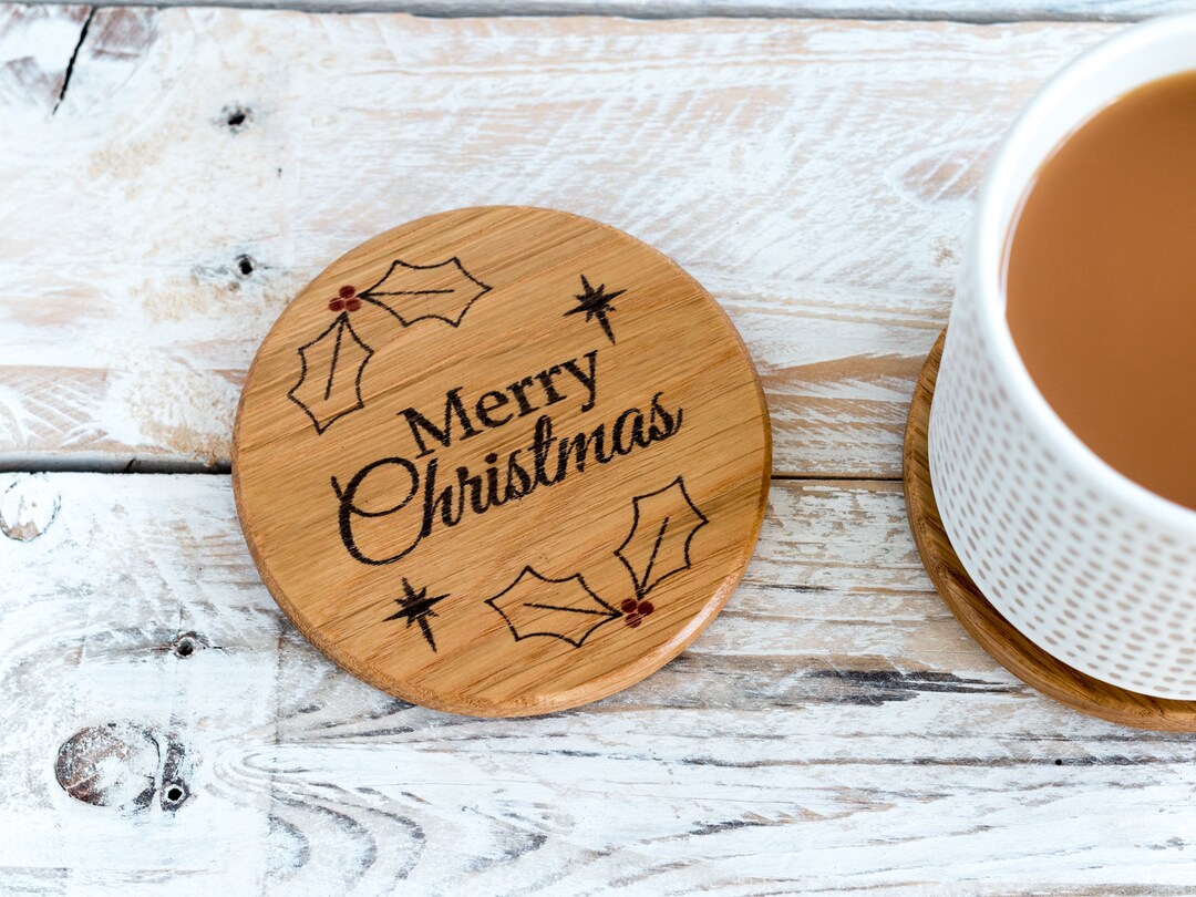 Merry Christmas Round Coasters | Solid Oak | Handmade in Yorkshire ...