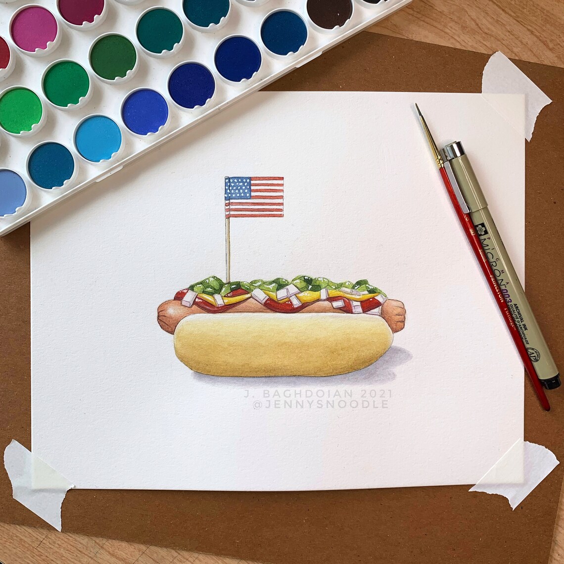 HAND-PAINTED Hot Dog With American Flag Original Watercolor - Etsy