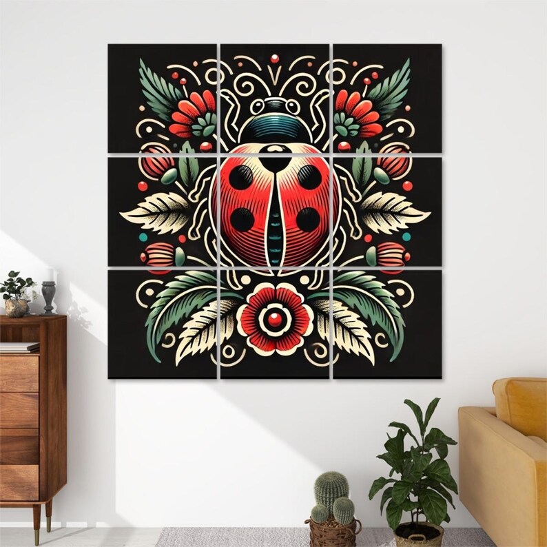 Huge 9-panel Wall Art, Beautiful Original Vintage Sailor Tattoo Ladybug ...