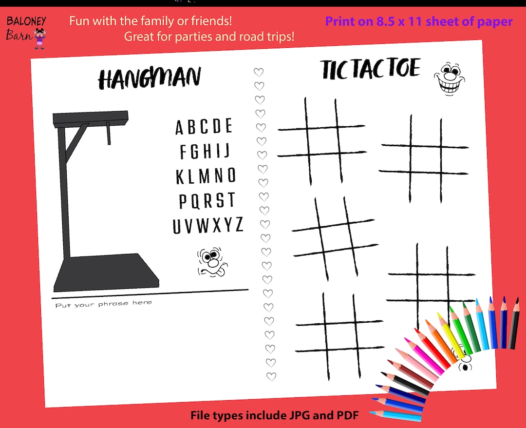 Hangman Game, Tic Tac Toe, Printable Activity Page, Party Activity ...