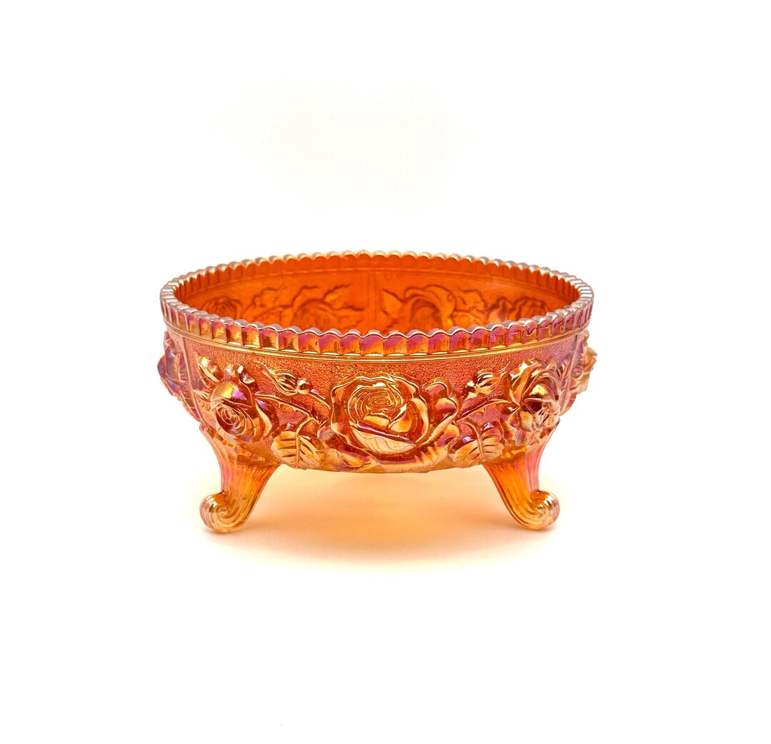 Orange Marigold Carnival Glass, Footed Bowl, Raised Roses, Vintage ...