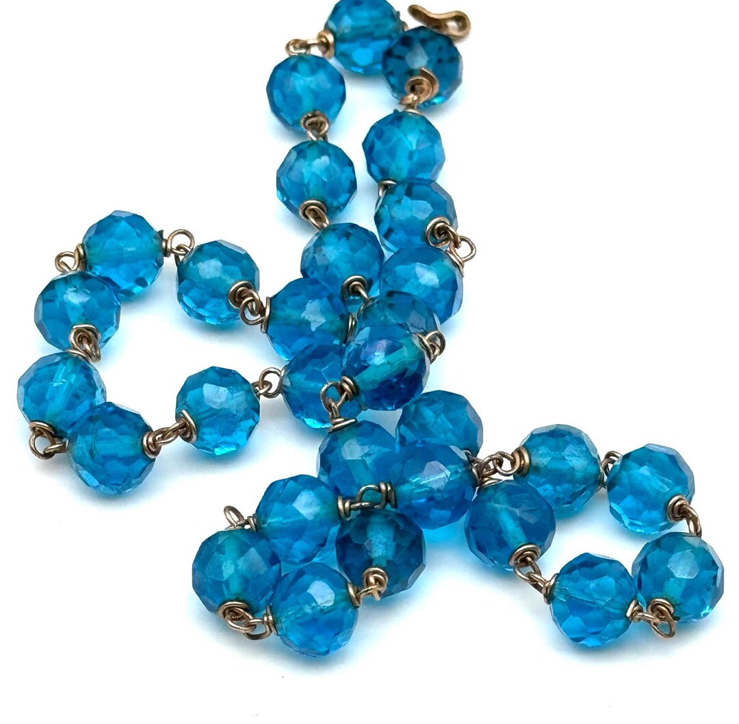 Crystal Bead Necklace, Turquoise Blue Glass, Faceted Beads, Shepard's ...