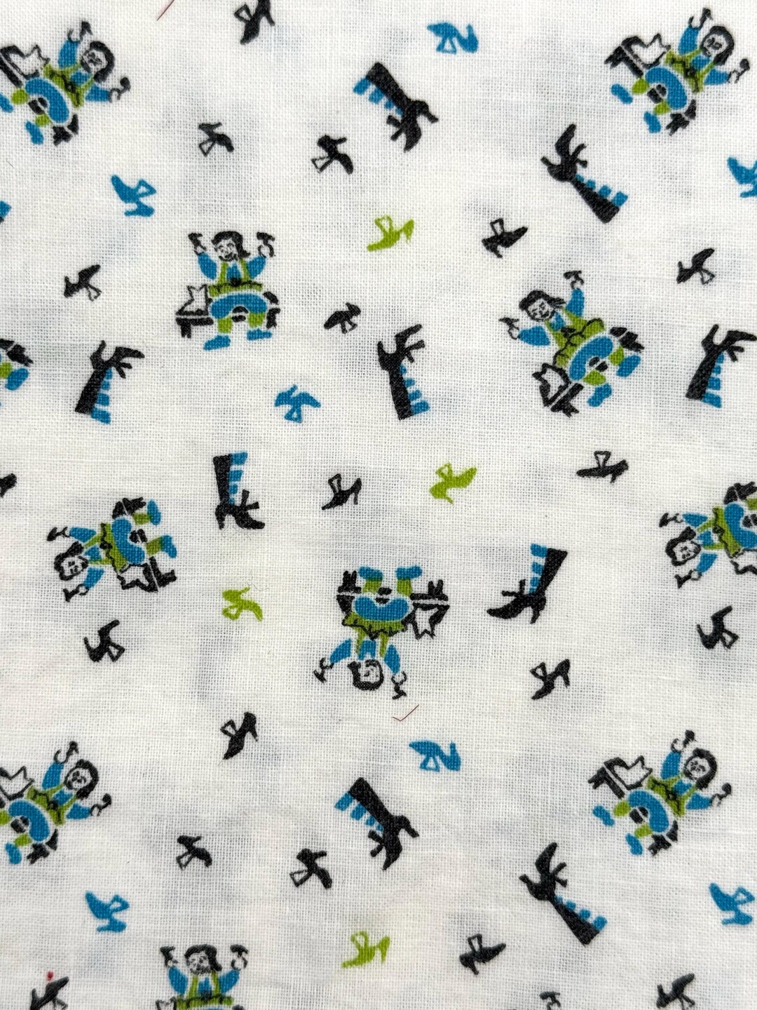 Feed Sack Fabric, Novelty Print, Shoe Cobbler, Blue and Green Design ...