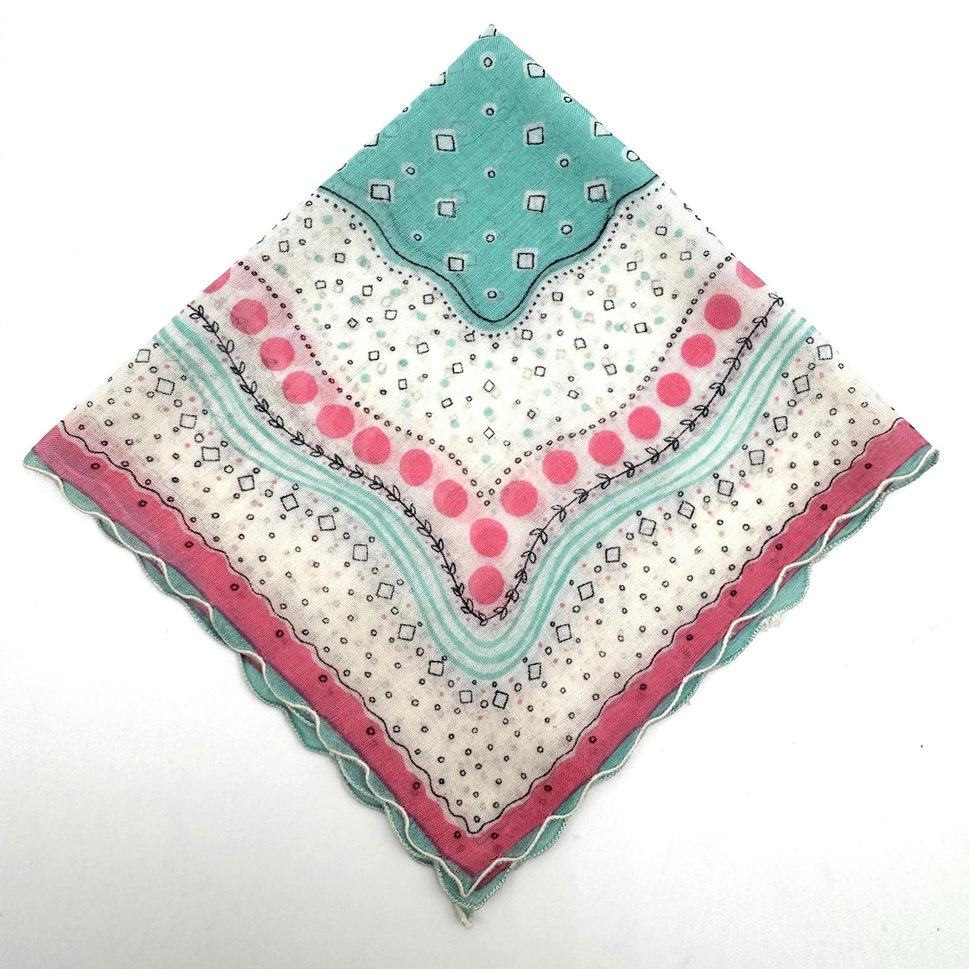Ladies Handkerchief, Pink and Aqua, Polka Dots, Vintage Cotton Hankie ...