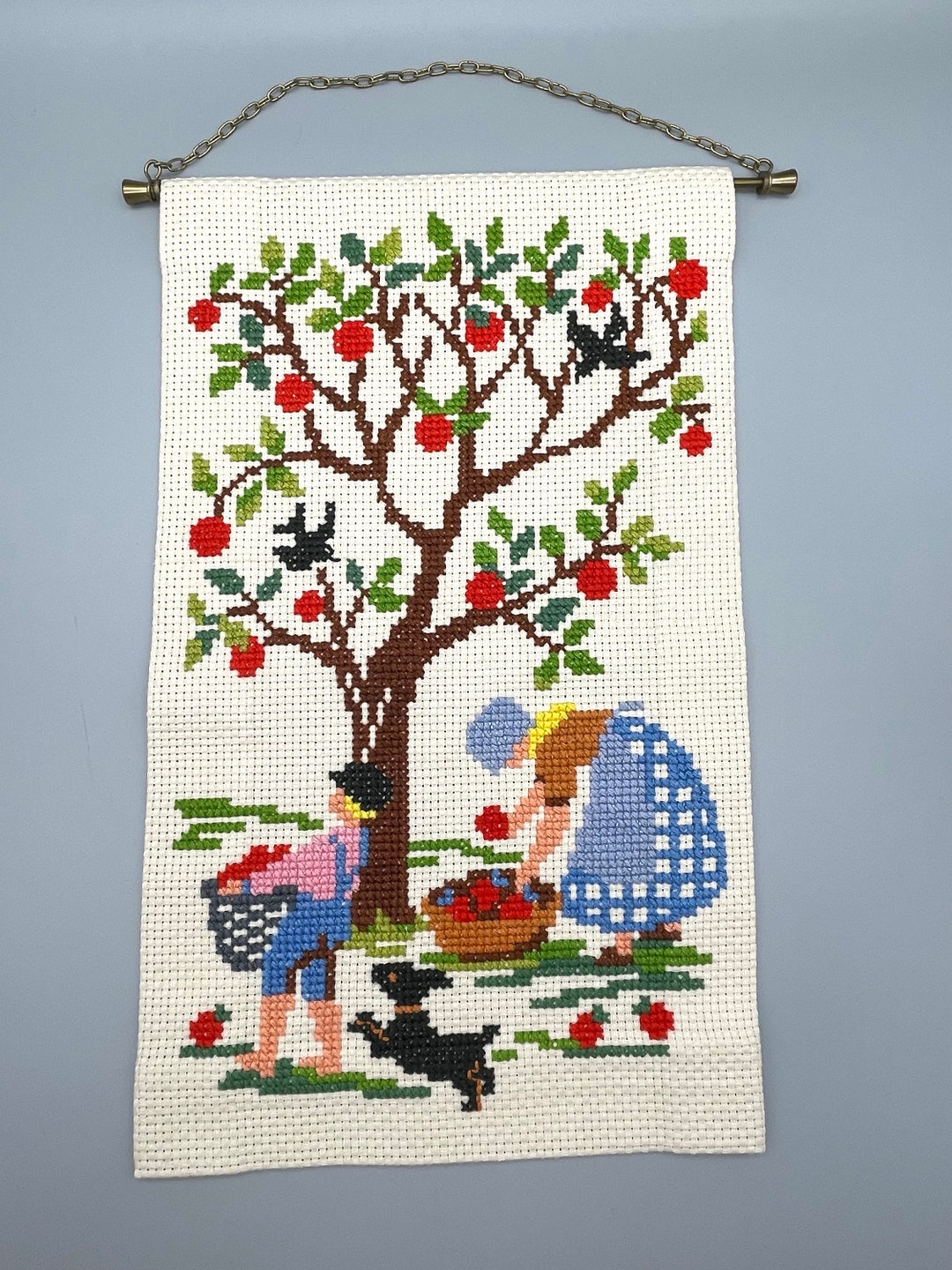 Cross Stitch, Wall Hanging, Vintage Wall Decor, Apple Orchard Folk Art ...