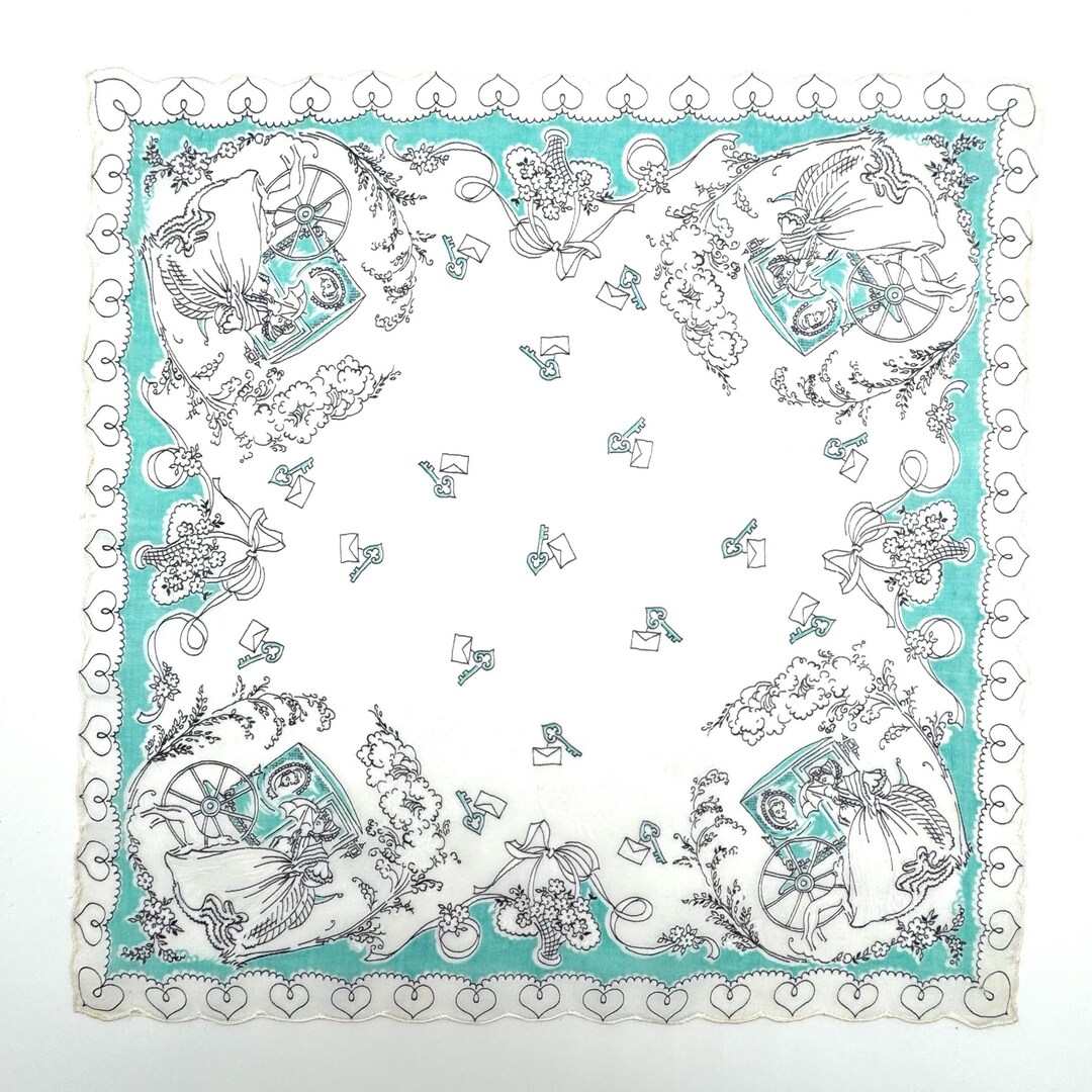 Ladies Handkerchief, Lady in Carriage, Aqua and Teal, Vintage Dog ...