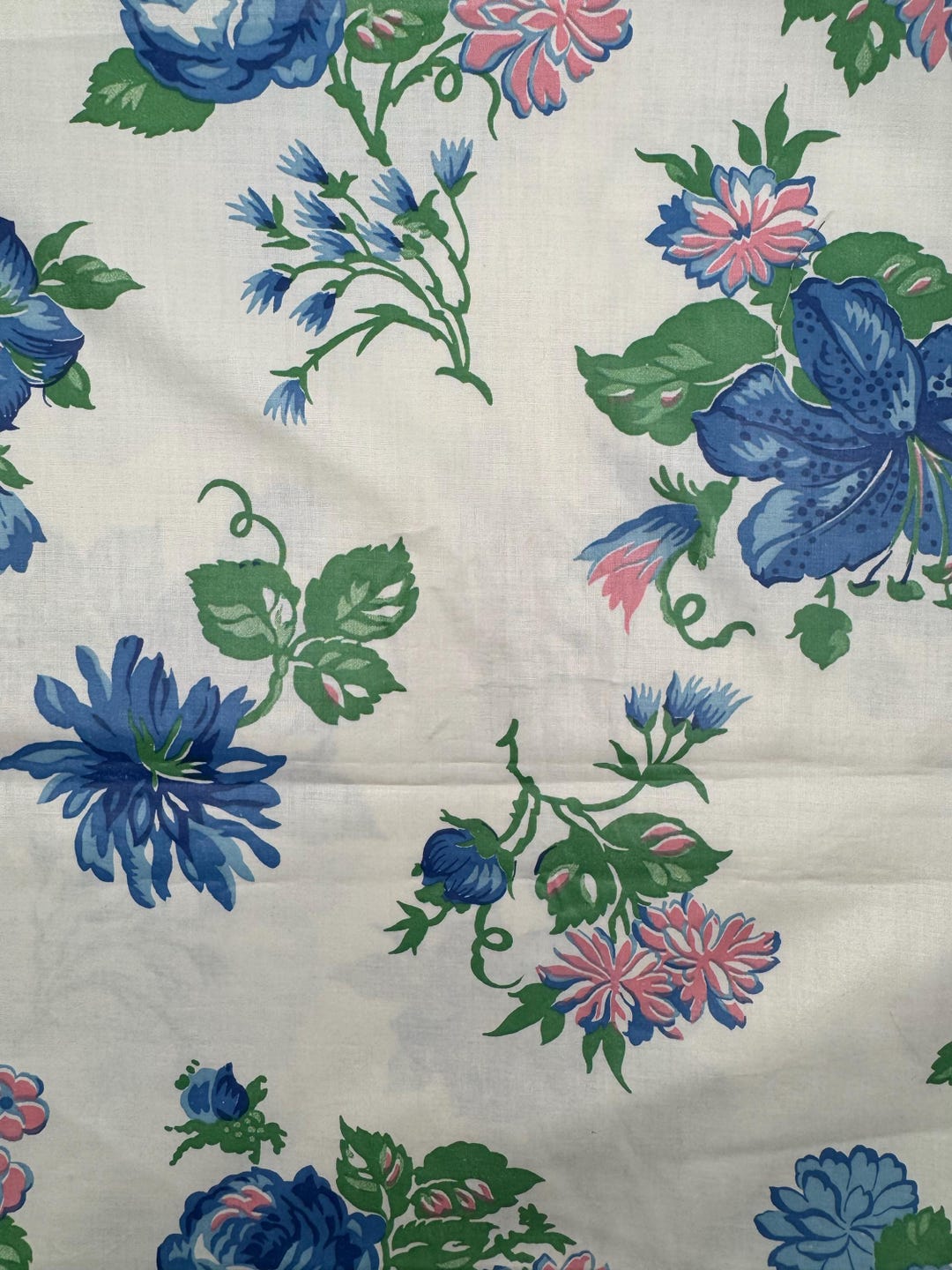 Vintage Chintz Floral Fabric, Blue and Pink Flowers, Polished Cotton, 4 ...