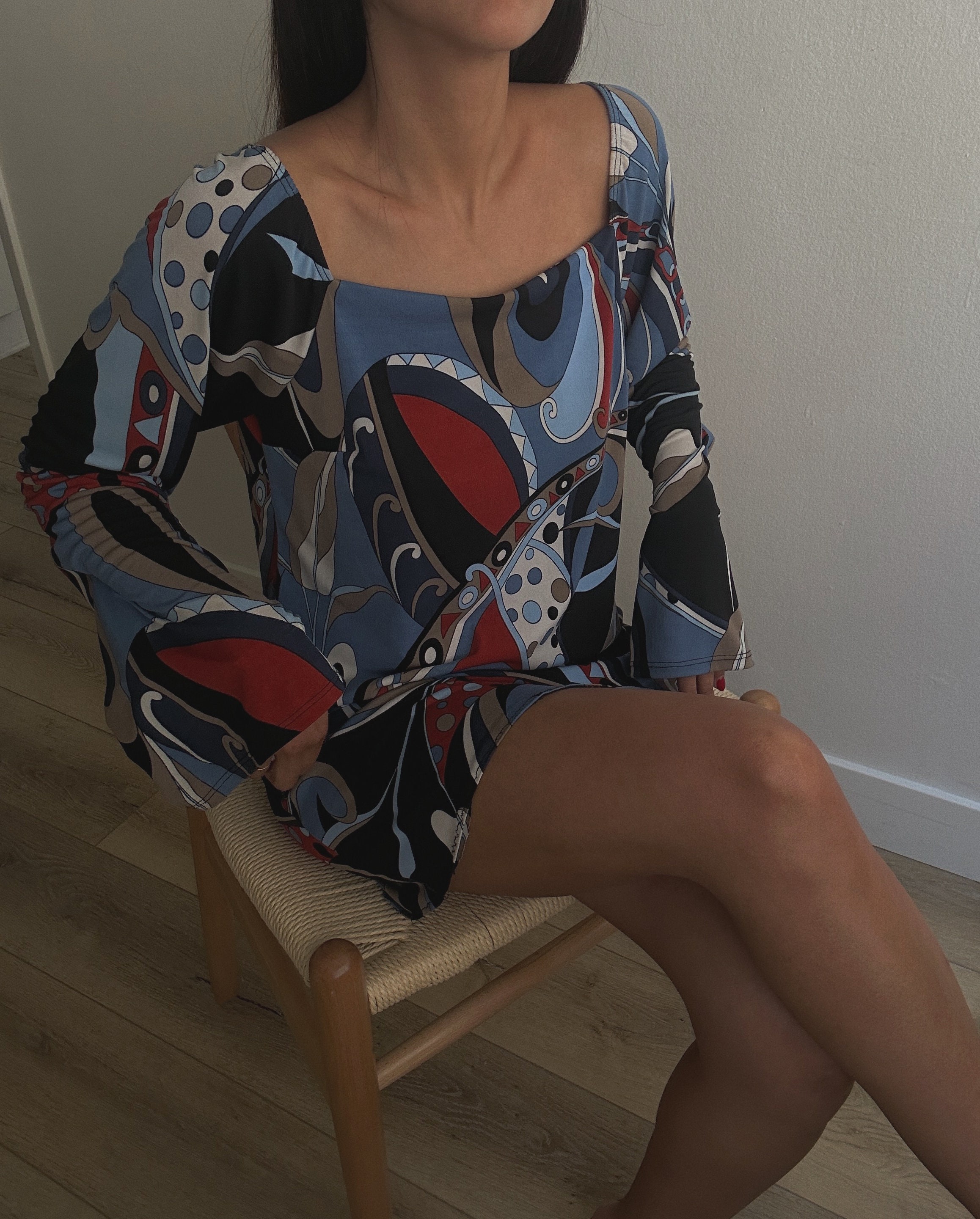 Vintage 1990s Retro Print Dress With Flowy Bell Sleeves | Super Soft ...