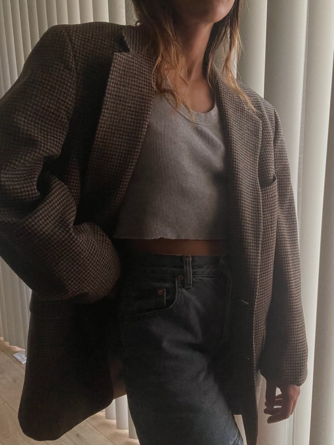 Vintage Neutral Pure Wool Houndstooth Boyfriend Oversized Blazer Made ...