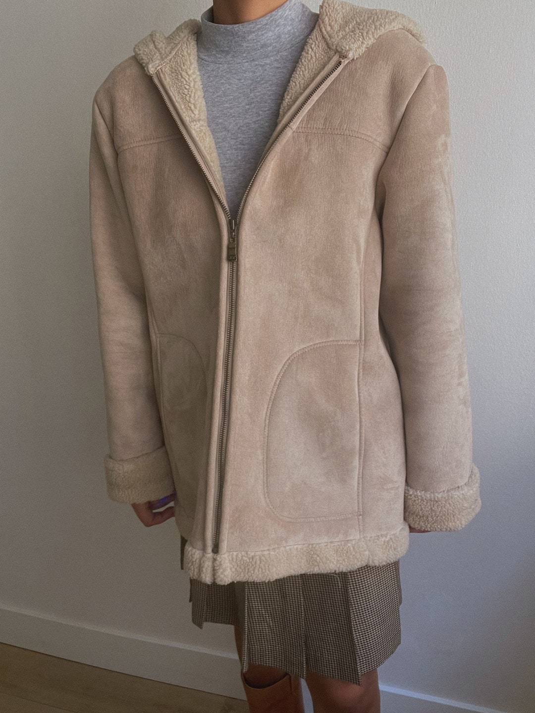 Vintage 90s Sand Neutral Suede Leather Shearling Hooded Jacket | 100% ...
