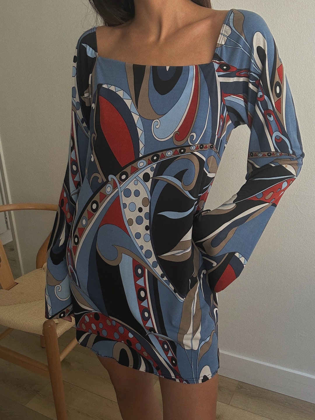 Vintage 1990s Retro Print Dress With Flowy Bell Sleeves | Super Soft ...