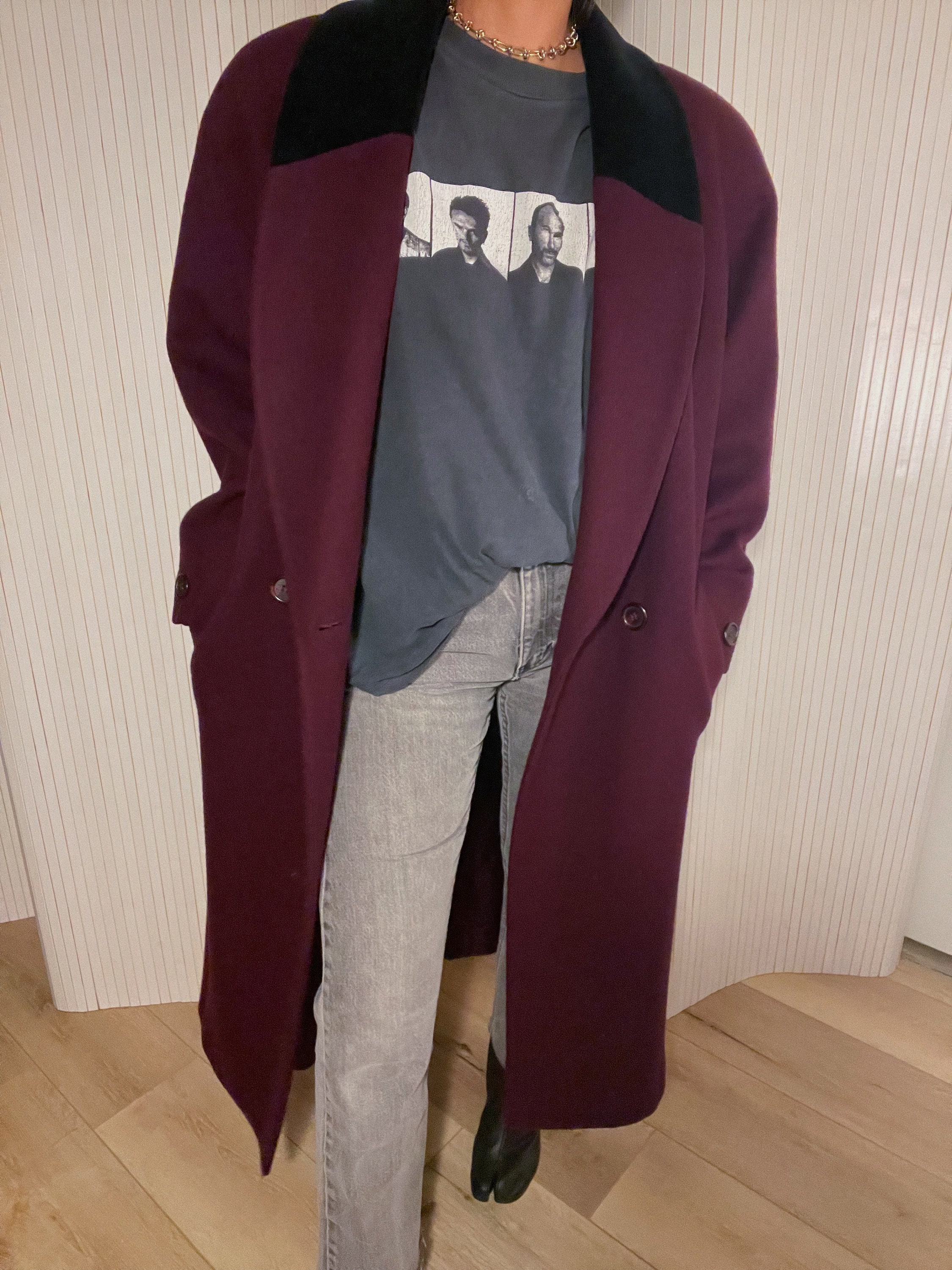 Vintage 90s Merlot 100% Pure Wool Trench Coat With Black Velvet Collar ...