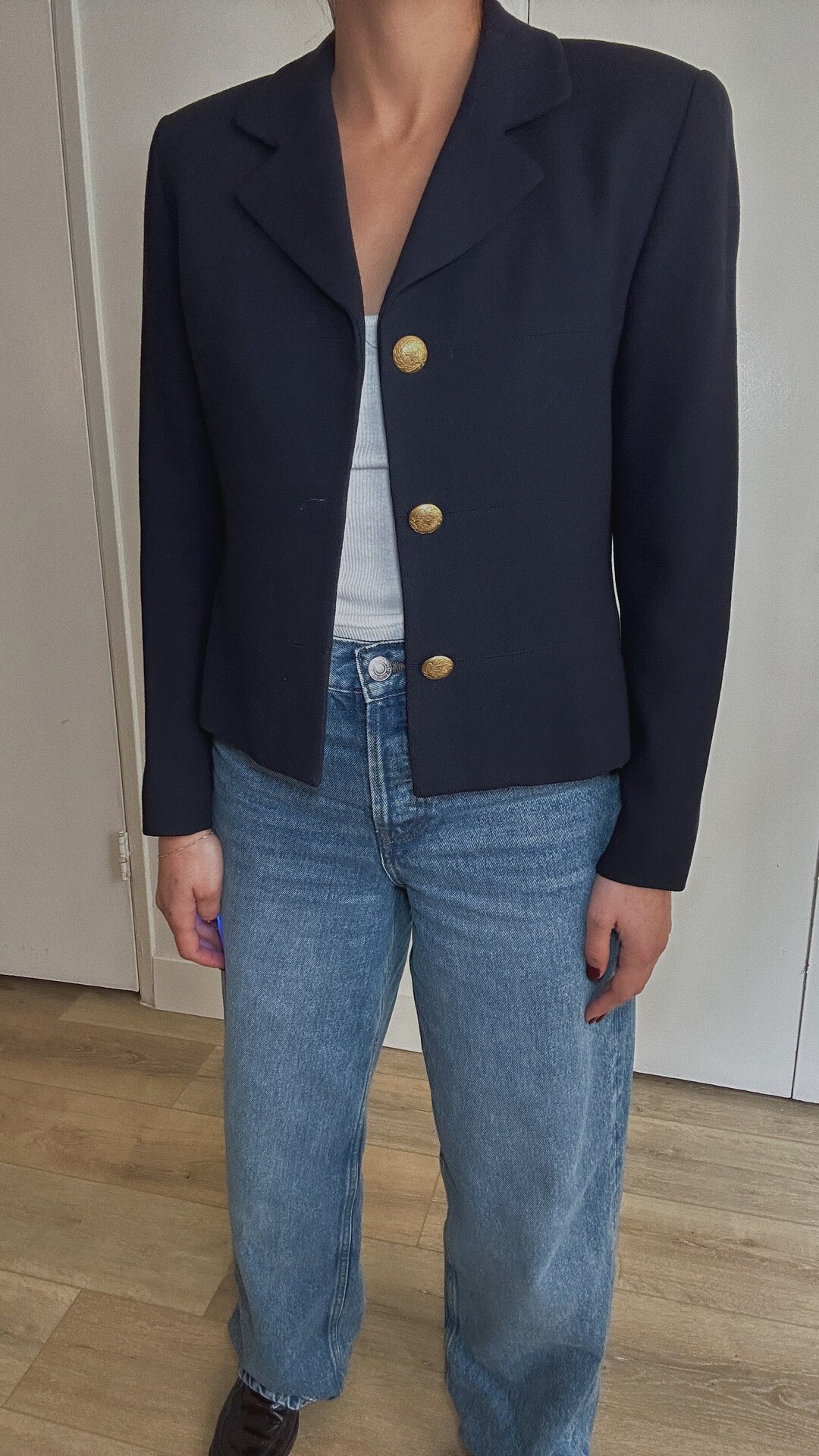 Vintage 1990s Cropped Blazer With Gold Buttons in Navy Blue | 100% Pure ...
