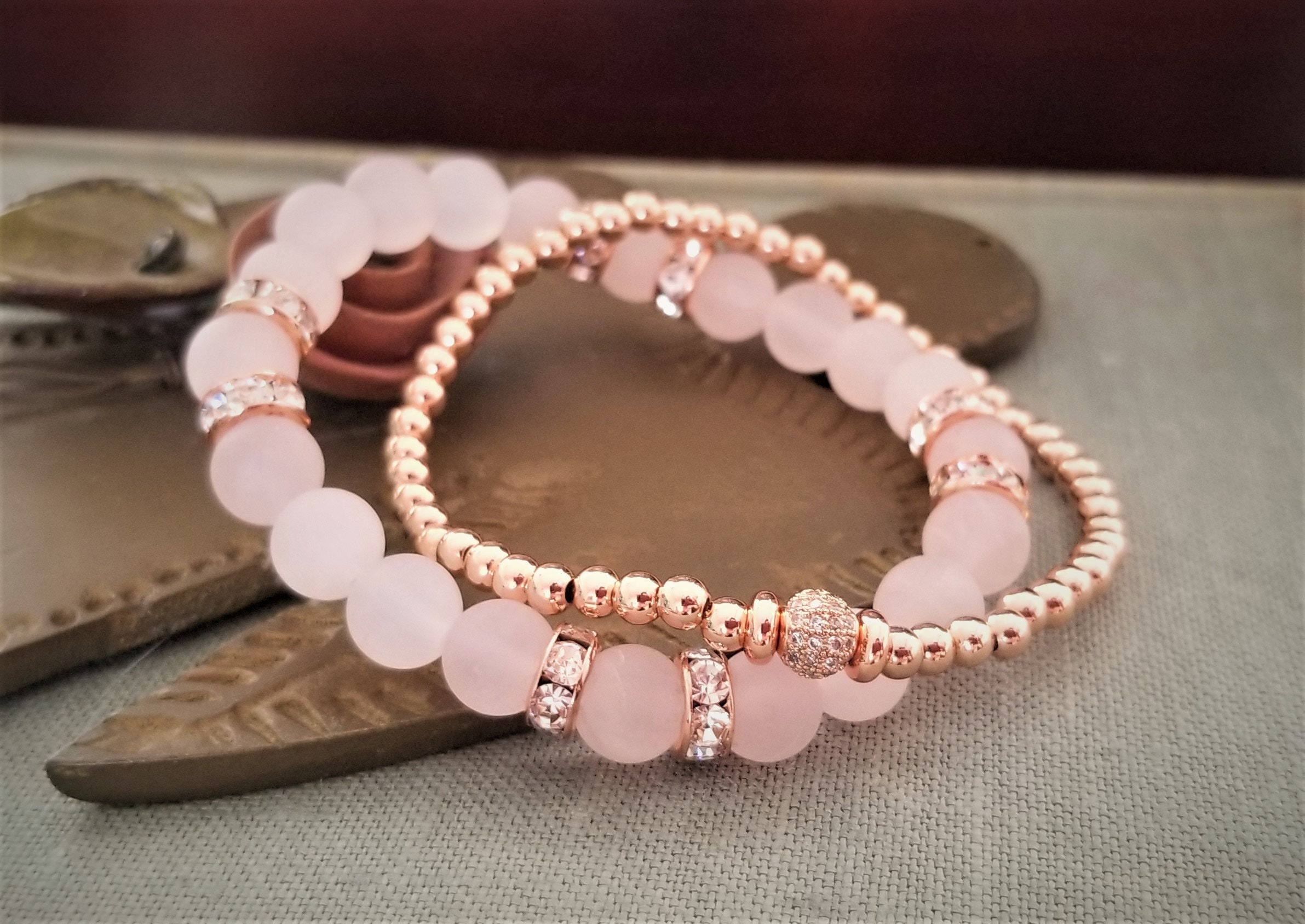 Rose Quartz Bracelet Rose Gold Bracelet Czech Crystal Rondelle Gemstone ...