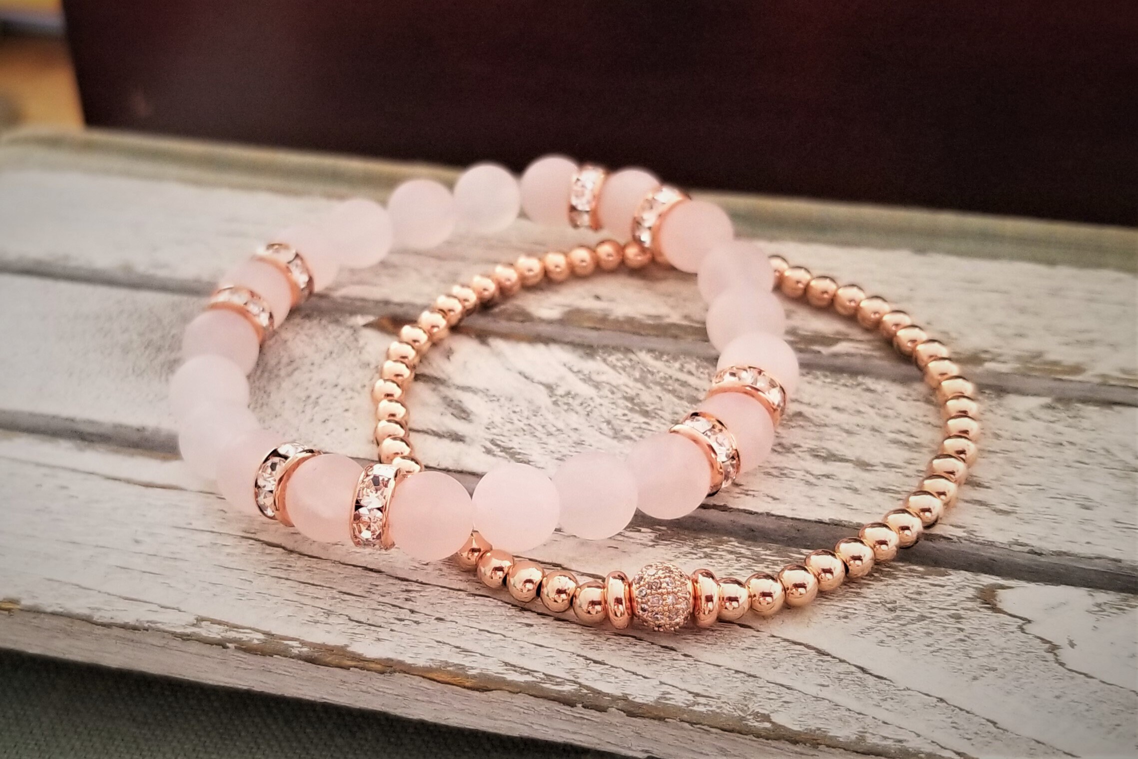 Rose Quartz Bracelet Rose Gold Bracelet Czech Crystal Rondelle Gemstone ...