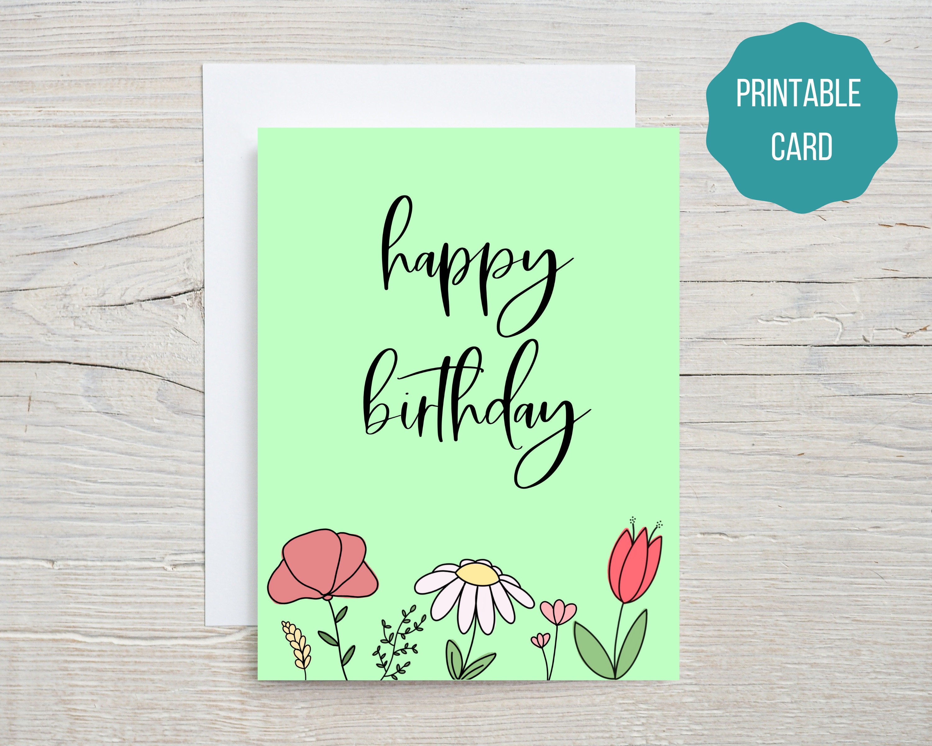 Printable Happy Birthday Flower Card, Digital Floral Birthday Card for ...