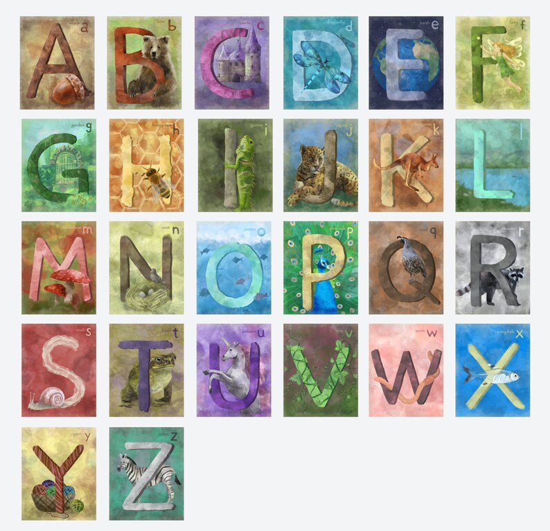 Montessori Printable PDF Alphabet Flashcards Watercolor | Etsy