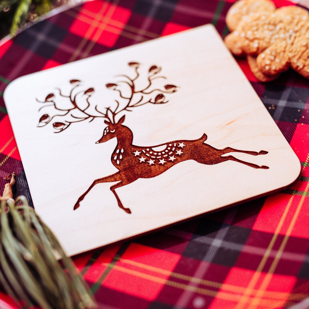 Prancing Deer Christmas Card Wooden Deer Theme Xmas Cards 2023, Woodland Theme Christmas Cards ...
