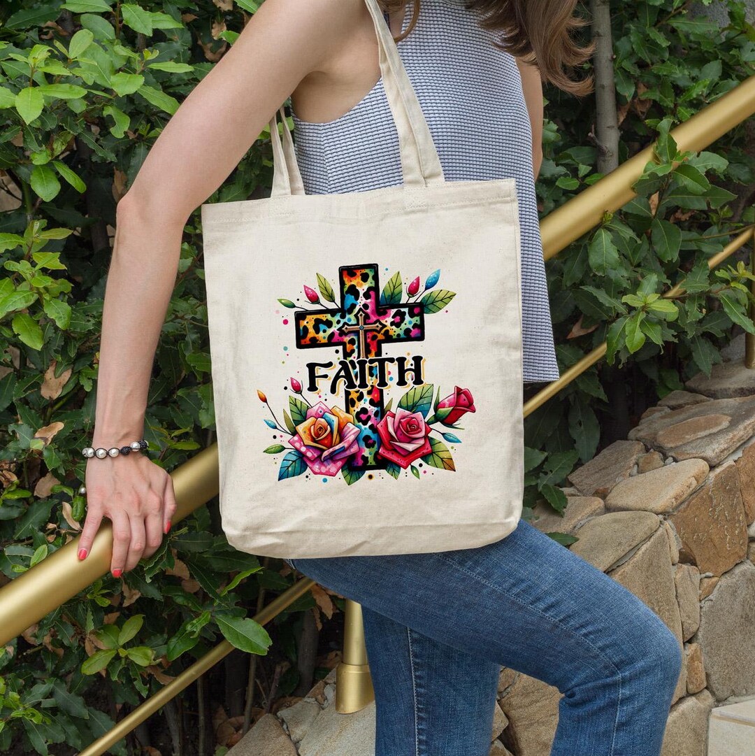 Faith With Flowers and Cross Tote Bag - Christian Floral Design - Faith ...