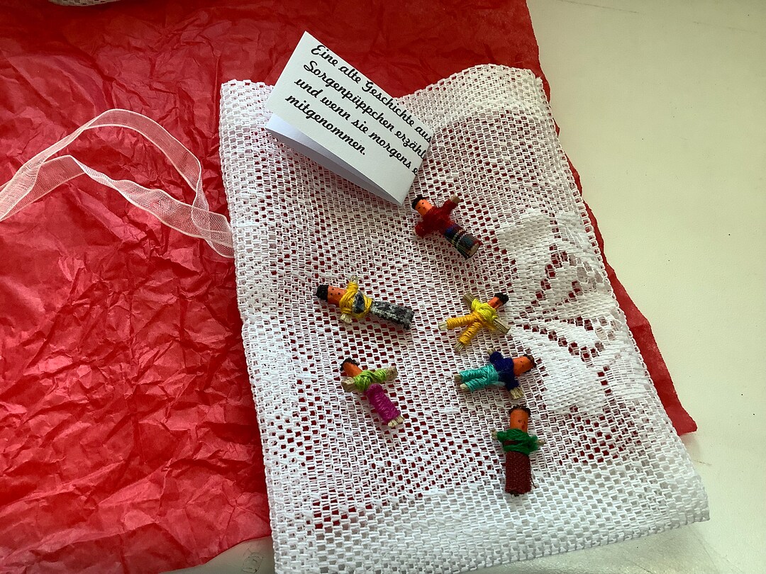 1x 6 Mini Worry Dolls in a Fabric Bag + Story Worry Dolls Worry People ...