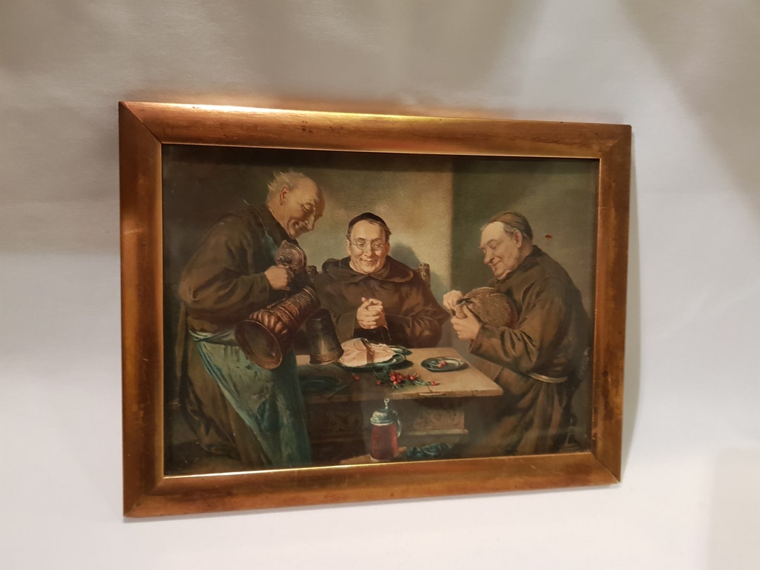 Antique Picture MONKS at Snack Ham Beer Bread Golden Wooden Frame 21 X ...