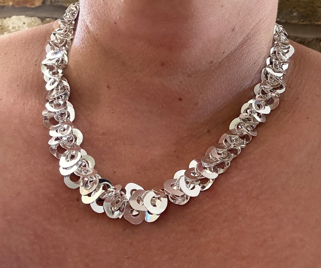 Silver Multi Discs Necklace, Sparkling Statement Necklace, Sequin Chain ...