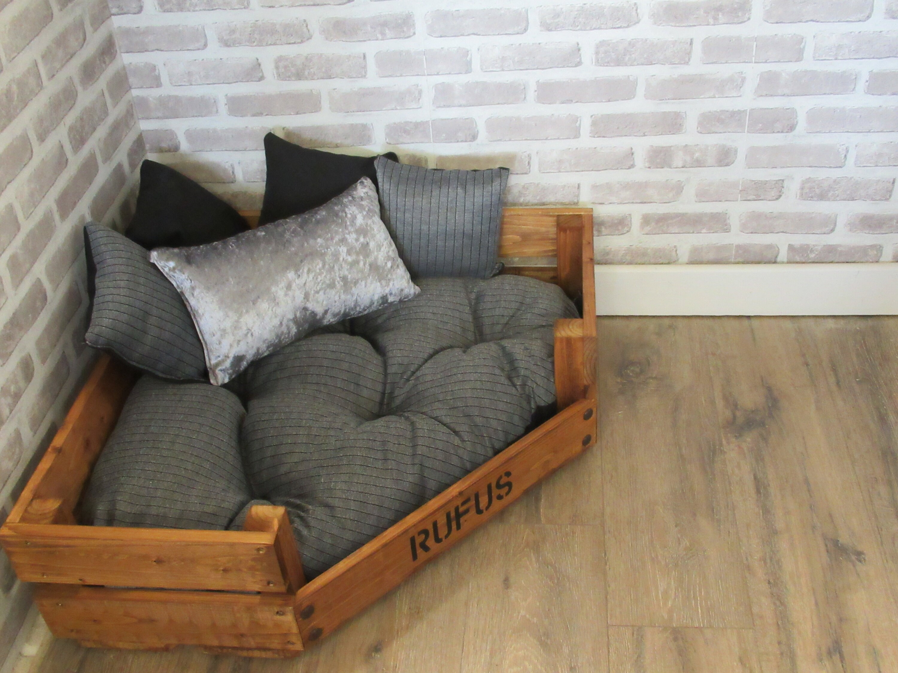 Large Personalised Rustic Wooden Corner Dog Bed in Grey and | Etsy