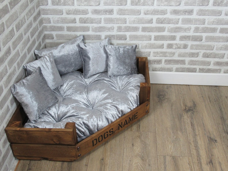 Large Personalised Rustic Wooden Corner Dog Bed in Grey - Etsy