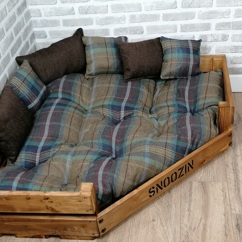 XL Personalised Rustic Wooden Corner Dog Bed in Grey Fabric - Etsy