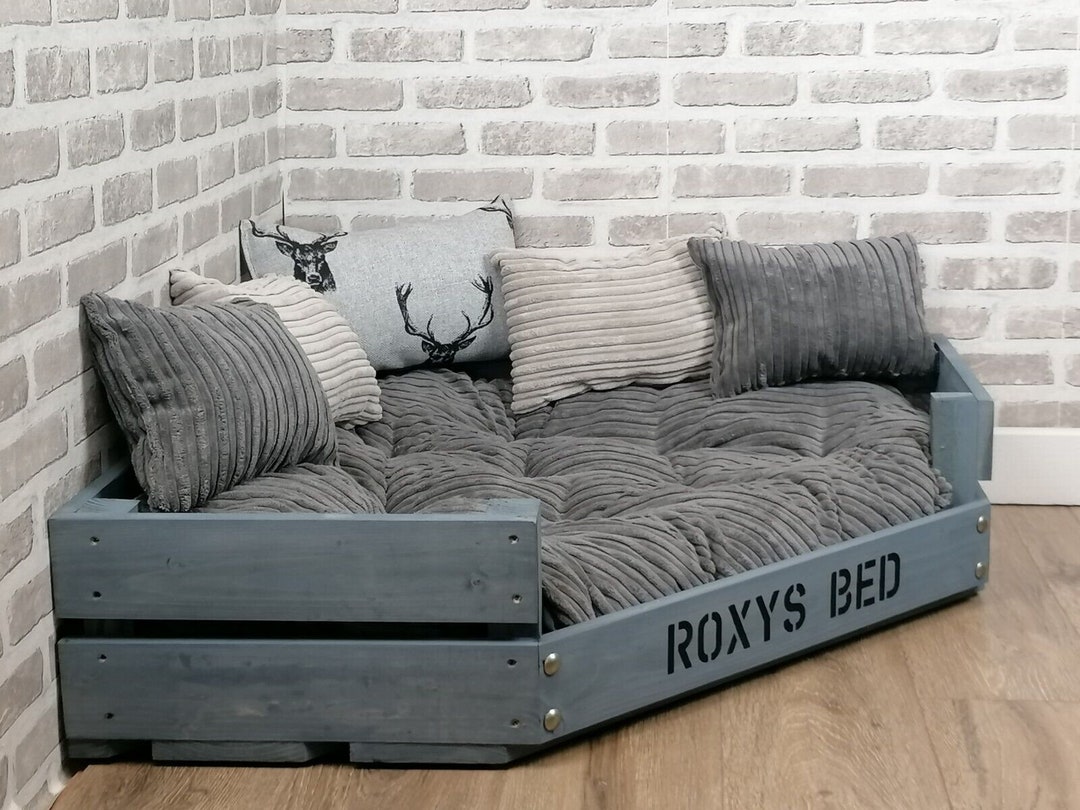 XL Personalised Rustic Grey Wooden Corner Dog Bed in Grey Jumbo Cord ...