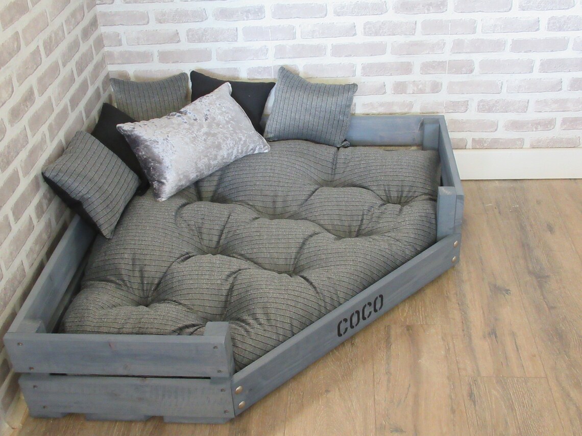 XL Personalised Rustic Grey Wooden Corner Dog Bed in Grey | Etsy