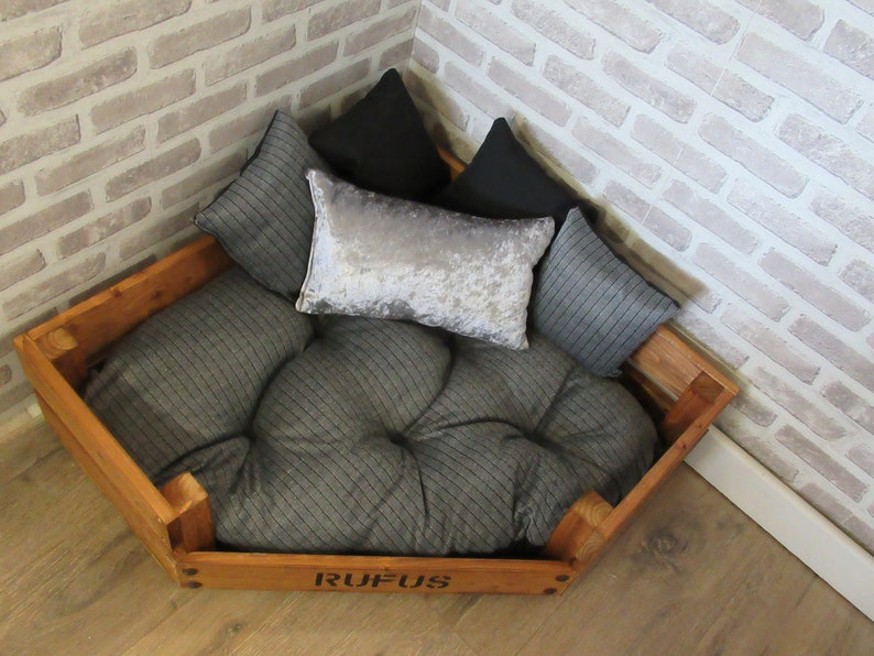 Large Personalised Rustic Wooden Corner Dog Bed in Grey and - Etsy UK